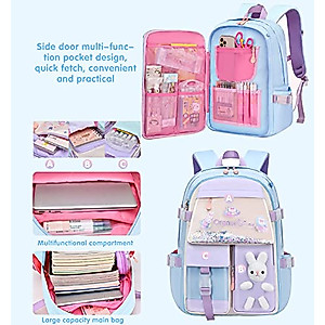 MCWTH School Backpack for Girls, Lightweight Waterproof Cute Bunny School Bookbag for Teen Kids Students Elementary (Rabbit Blue)