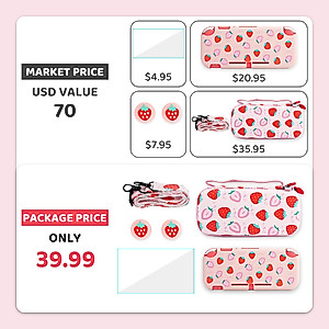 GLDRAM Strawberry Case for Nintendo Switch Lite, Pink Cute Travel Carrying Case for Switch Lite Accessories Bundle with Soft Protective Cover, Screen Protector, Thumb Caps & Shoulder Strap for Girls