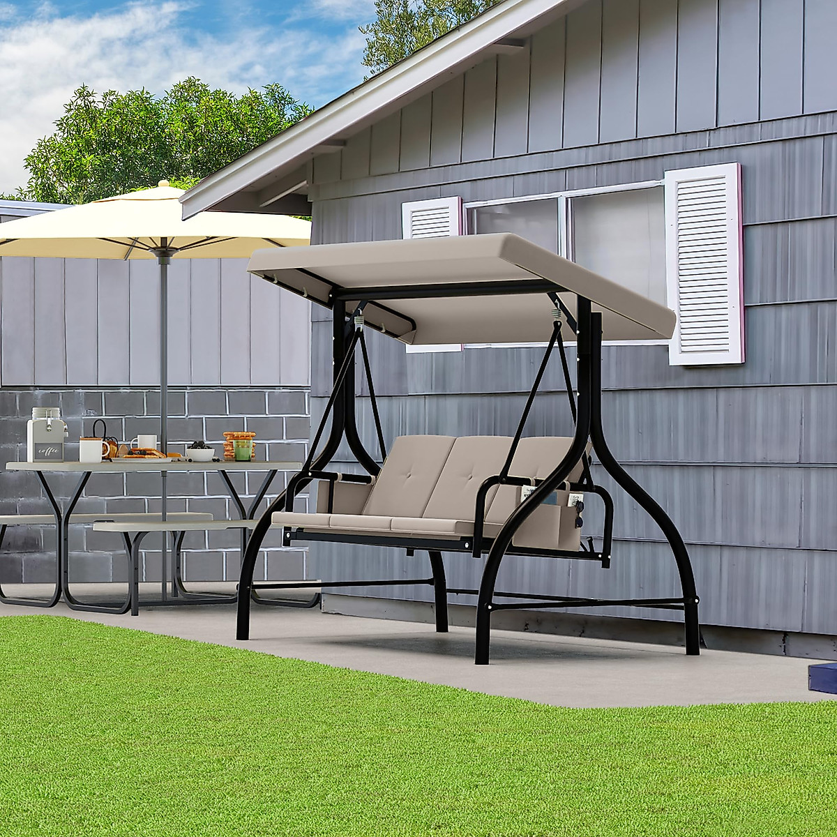 YITAHOME Outdoor Porch Swing, 3 Person Patio Swing Chair with Adjustable Canopy, Removable Cushion,Suitable for Garden, Poolside, Balcony-Grey