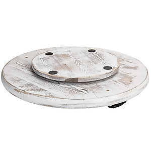 MyGift 18-Inch Whitewashed Wood Turntable with Metal Handles - Lazy Susan Kitchen Serving Spinning Tray