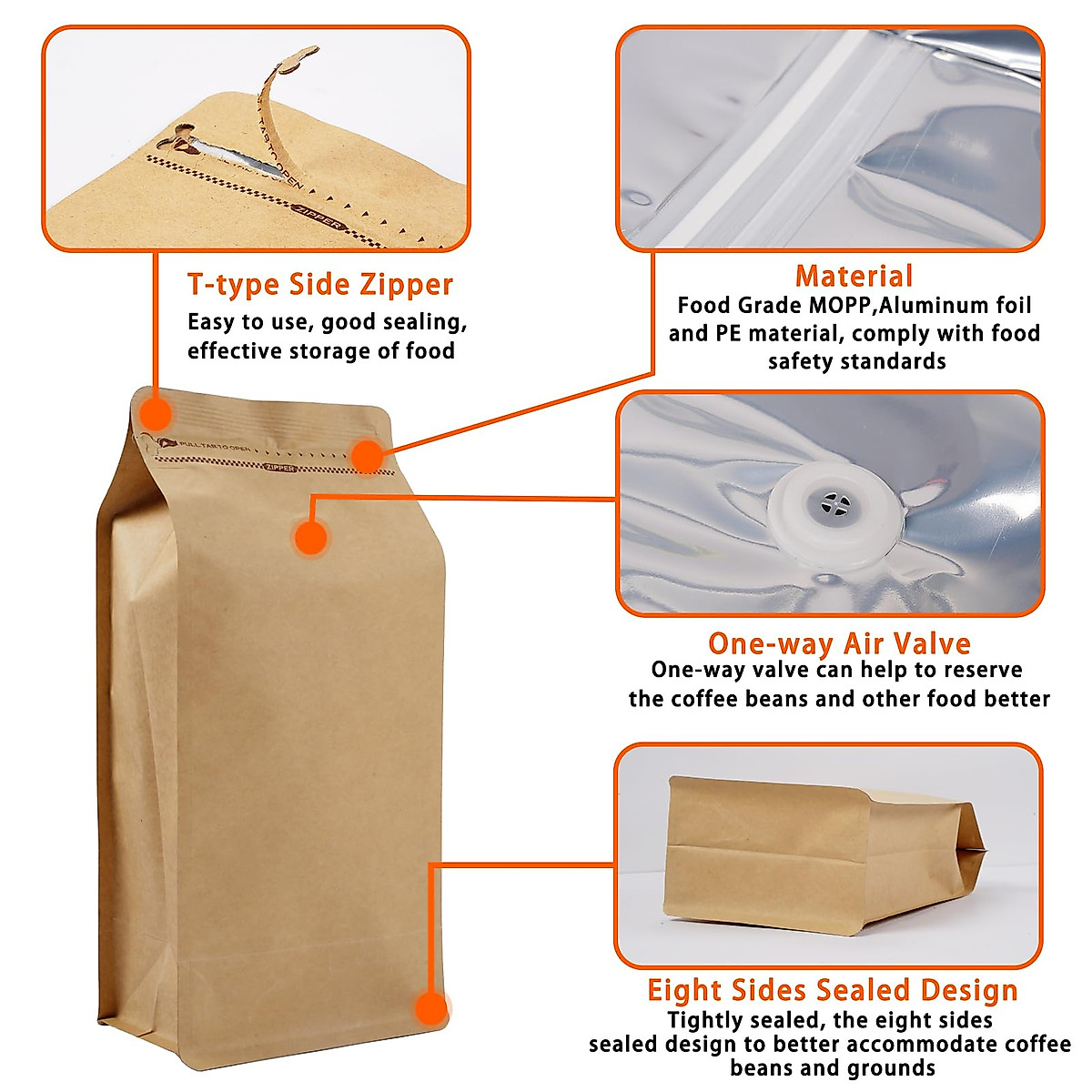 Coffee Bags with Valve (50 PCS,16oz/1lb) Kraft Paper High Barrier Aluminum Foil Flat Bottom Standing Coffee Beans Storage Packaging Bags,Reusable Heat Seal Side Zipper Pouches for Small Business&Home