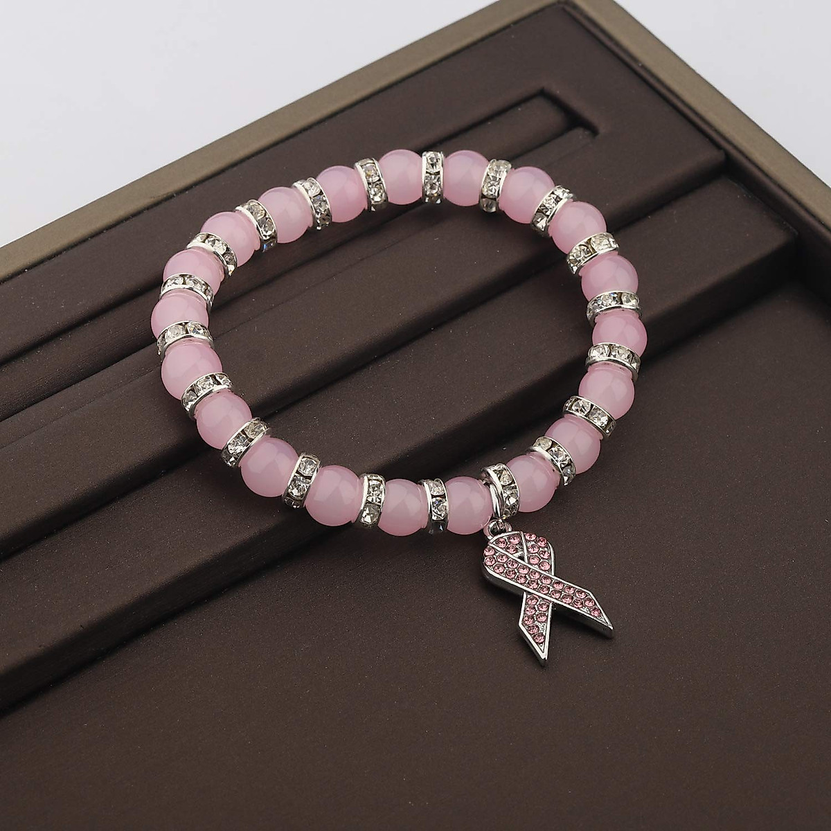 CENWA Breast Cancer Awareness Bracelet Pink Rhinestone Ribbon Charm Beads Bracelet Breast Cancer Support Gift (Breast Cancer Awareness Br)