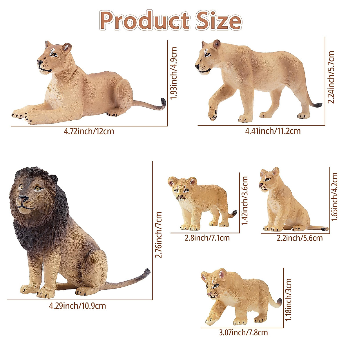 Toymany 6PCS Realistic Lion Figurines with Lion Cubs, 2-5" Jungle Animals Figures Family Set Includes Baby Lions, Educational Toy Cake Toppers Christmas Birthday Gift for Kids Toddlers