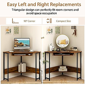 Tangkula Corner Desk with Keyboard Tray, 90-Degree Triangle Corner Computer Desk for Small Space, Industrial Writing Desk with Storage Shelf, Space-Saving Laptop PC Desk (Rustic Brown)