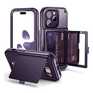 WeLoveCase iPhone 14 Pro Case for Women, Men Defender Credit Card Holder Cover with Hidden Mirror, Three Layer Shockproof Heavy Duty Protection Case for iPhone 14 Pro 6.1'' Deep Purple
