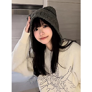 Fairy Grunge Beanie Y2K Bear Ears Hat Crochet Slouchy Hat Winter Warm Knitted Alt Headwear Accessories (Gray,54-58cm)