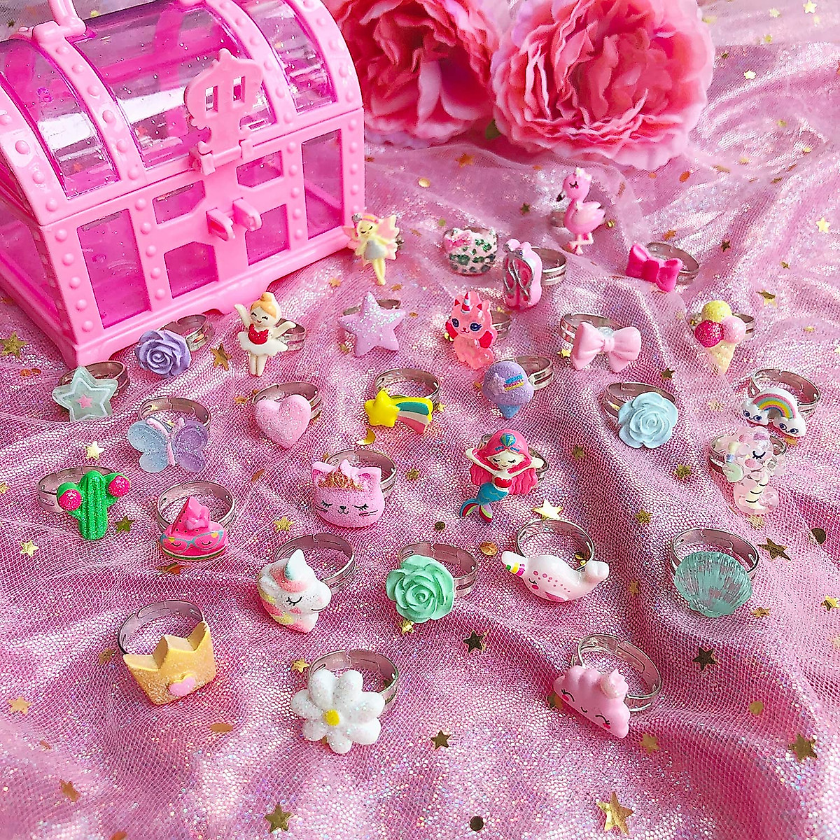 EleMirsa 30pcs Little Girl Jewel Rings Adjustable Costume Princess Pretend Play and Dress Up Rings for Girl Toddlers Kids Children's Jewelry Set Toy Treasure Box Birthday Gifts for Girls