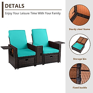 VUYUYU 5PCS Patio Wicker Furniture Set - Outdoor PE Rattan Loveseat Sofa with Adjustable Backrest, Coffee Table, Ottoman - Patio Lounge Chair for Garden, Beach, Poolside, Balcony, Backyard, Deck