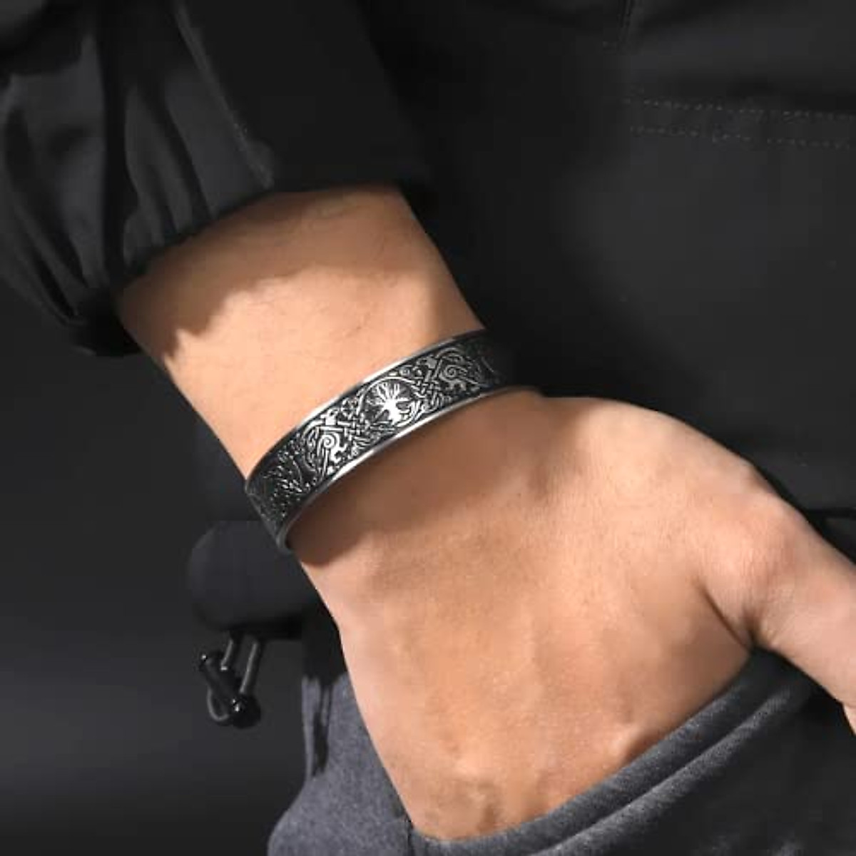 cooltime Ancient Nordic Tree of Life Odin's Raven Magnetic Bracelet Cuff (silver black)