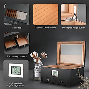 FANKAI Cigar Humidor with 2 Drawers,Cigar Accessories with Humidifier,Humidor Cigar Box Solid Cedar Wood,Cigar Gifts for Men,Glass Top Humidor,Cigar Case Fit 25-50 Cigars,Desktop Cigar Box