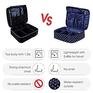 Narwey Travel Makeup Bag with Brush Compartments，Portable Cosmetic Bag，Make up Bag Makeup Organizer Case with Brush Storage for Women(Blue Polka Dot)