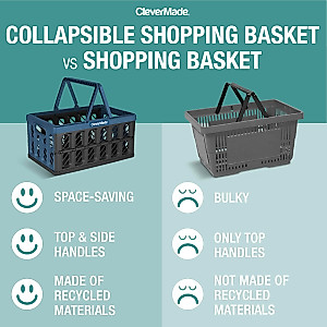 CleverMade Collapsible Shopping Basket, Obsidian, 3PK - 24L (6 Gal) Reusable Plastic Grocery Shopping Baskets, Holds 25lbs Per Basket - Small Foldable Storage Crates with Handles