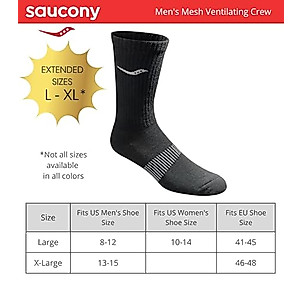 Saucony Men's Mesh Ventilating Comfort Fit Performance Crew Socks, 3, L-XL, Black (12 Pairs), Black Assorted (6 Pairs)