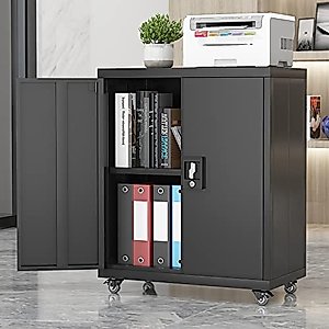 GREATMEET Metal Storage Cabinet with Locking Doors and Adjustable Shelf, Folding Filing Storage Cabinet with Wheels, Rolling Storage Locker Cabinet for Home Office,School,Garage, Black