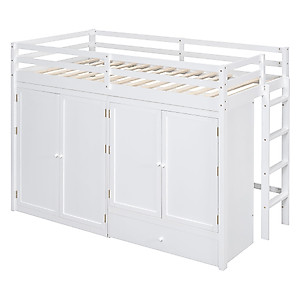 Merax Twin Size Wood Loft Bed with Drawer, Two Wardrobes, and Mirror, Wooden Bedframe with Ladder and Safety Guardrail for Boys Girls Adult, No Spring Box Needed, White