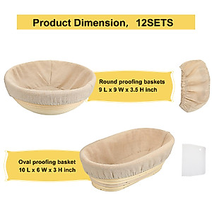 Geetery Set of 12 Proofing Basket, 10 Inch Round Oval Cane Bread Proofing Baskets with Sourdough Bread Baking Supplies, Making Kit for Dough Baking