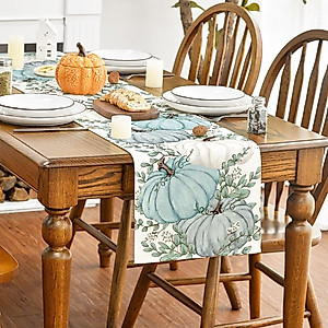 Fall Table Runner Blue Pumpkin Table Runner Thanksgiving Table Runner Pumpkins Eucalyptus Leaves Autumn Table Runner 13x72 Inch Blue Fall Decorations for Home Holiday Kitchen Dining Table Decorations