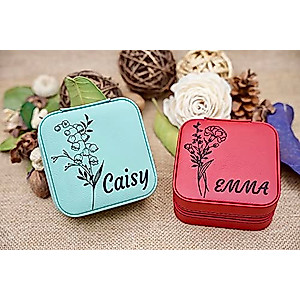 Personalized Leather Jewerly box, Birth Flower Month Customized Leather Jewelry Box with Name, Birthday Gifts for Women, Jewelry Travel Case - Bridesmaids, Graduation gifts (Teal)