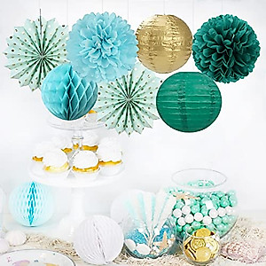 Sage-Green Teal-Blue Party-Decorations Streamers Lanterns - 14pcs Rustic Wedding Baby Shower Paper Lanterns Fan,Tissue Pom Poms Streamers,Honeycomb Balls,Birthday Bachelorette Engagement Bridal Decor Ouruola