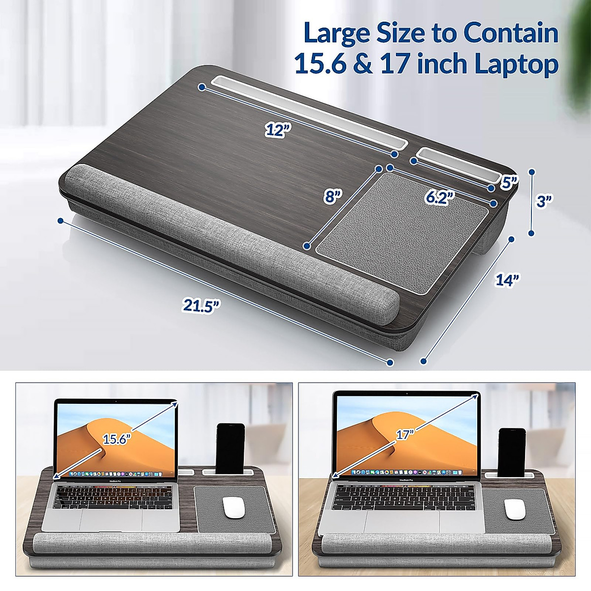 Gimars Home Office Lap Desk Fits up to 17 Inches Laptop with Dual Cushion,Wrist Rest, Built-in Mouse Pad, Tablet Phone Holder and Storage Drawer, Grey
