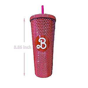 CAKEASY Pink Studded Tumbler, Bling Bling Pink Cup, 24oz Girls Water Bottle With Straw, The Movie Merch, Travel Mug for Women and Men, Cupholder Friendly, for Home, Office, Outdoor