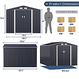 HOGYME 10.5' x 9.1' Storage Outdoor Shed, Large Sheds & Outdoor Storage Clearance Suitable for Tool Bike Lawn Mower Ladder, Metal Garden Shed w/ Lockable/Sliding Door, Gray
