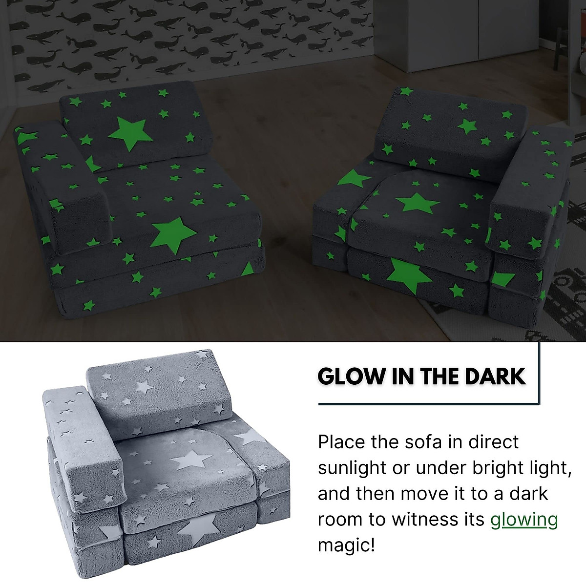 MeMoreCool Kids Couch, 10-Piece Modular Play Couch for Playroom, Fold Out Kids Sofa for Girl Boy, Glow Star