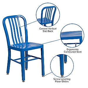 Merrick Lane Santorini Indoor/Outdoor Dining Chair - Blue Galvanized Steel Frame - 18 Inch Seat - Slatted Back