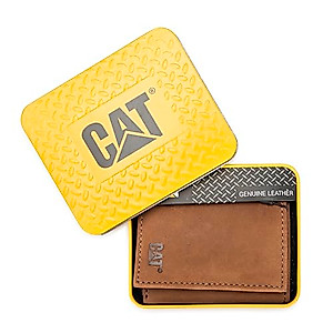 Caterpillar Men's Leather Trifold Wallet with ID Window, Tan, One Size