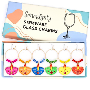 Diwali Gift, Diwali Wine Glass Charms, Set of 6 Diya Wine Charms, Festival of Lights Decorations, Table Decor