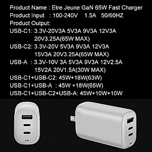 65W USB C Charger, Etre Jeune 3-Port GaN Charger PD & QC3.0 Fast Charger Compact Foldable Wall Charger Compatible with Mac Book Pro/Air, iPad Pro, World Travel Adapter Kit US to UK, EU, AU