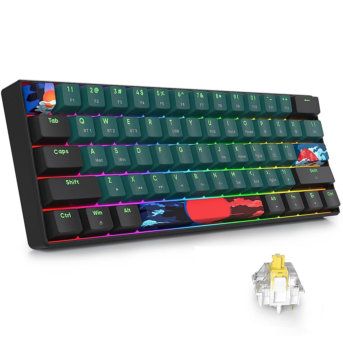 surmen GT61 Wireless 60% Keyboard, Mini RGB Mechanical Gaming Keyboard 60 Percent Hot-Swappable with Linear Gateron Switch Type-C/Bluetooth 5.0 Programmable (Gateron Yellow, Sound Wave 61)