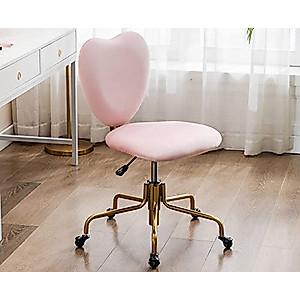 VESCASA Adjustable Swivel Home Office Desk Chair with Cute Heart Shape Design Back, Comfy Velvet Task Chair with Wheels, Small Computer Chair Without Arms for Girls Bedroom/Living Room, Light Pink