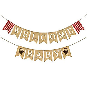 Rainlemon Jute Burlap Welcome Baby Banner with Grill BBQ Theme Baby Shower Party Garland Decoration