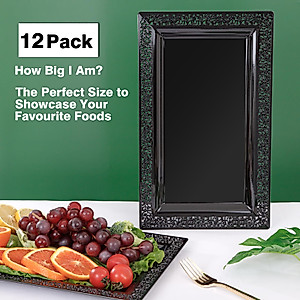 Rubtlamp 12 Pcs Black Plastic Food Serving Trays - 13 X 8 inch Party Serving Trays and Platters - Black Serving Tray - Disposable Serving Party Platters- Black Serving Platter Tray for Halloween,party