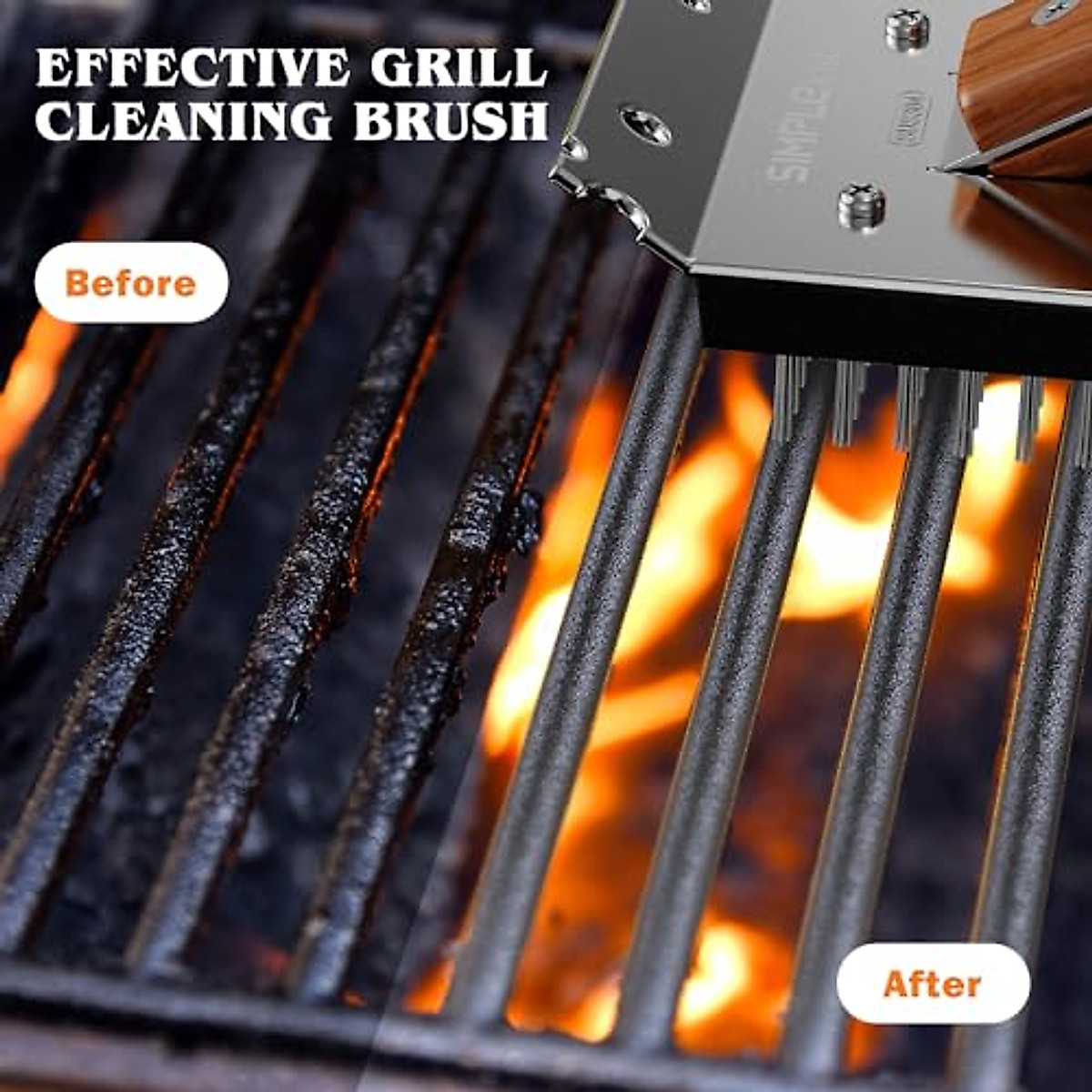 SIMPLETASTE Grill Brush and Scraper, Cherry Wooden Handle Wire Grill Brush for Grill Grate Cleaner Plus Stainless Steel Bristles Head for Replacement, Durable & Effective BBQ Tool [Upgraded]