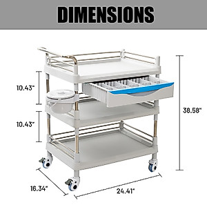 biosp Medical Trolley 3 Tier 500 LBS Heavy Duty Professional Utility Cart Beauty Salon Rolling Trolley with Swivel Casters, Dirt Bucket & Drawer for Hospital Dental Clinic, 38.58'' x 24.41'' x 16.34''