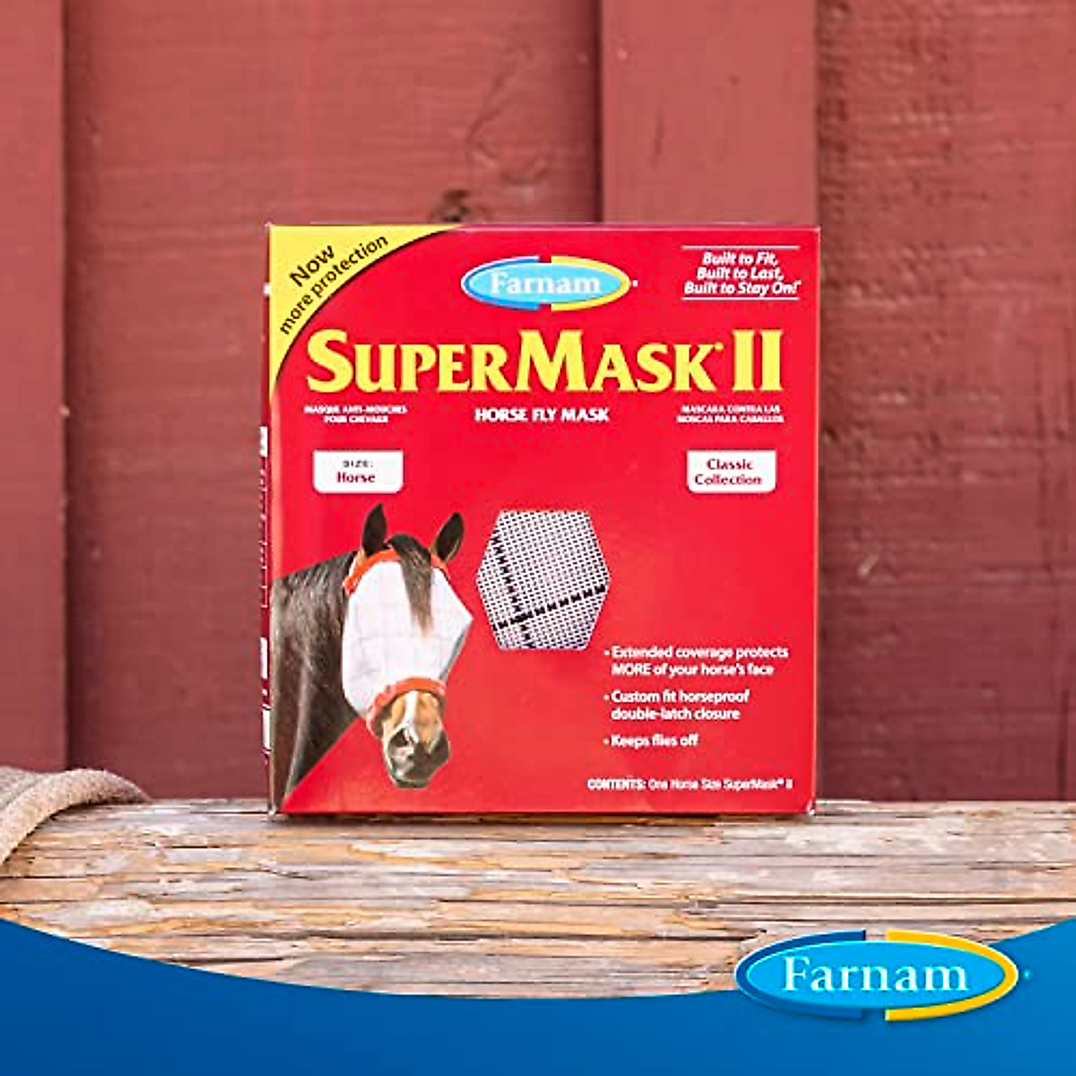 SuperMask II Fly Mask Without Ears for Average Size Horses, Full Face Coverage and Eye Protection from Insect Pests, Structured Classic Styling Mesh with Plush Trim, Horse Size