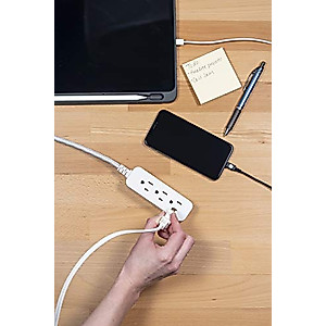 GE 3-Outlet Power Strip Extension Cord with Multiple Outlets 6 Inch Braided Short Cord Extension Cord Grounded Flat Plug Extension Cord UL Listed White 45190