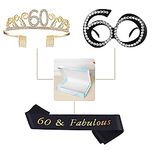 KYZCROTW 60th Birthday Gift for Women, 60th Birthday Tiara, Sash and Glasses Set for 60 Years Old Birthday Party Decoration and Supplies Suit Women & Mom & Grandmother