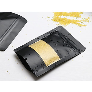 PQZKLDP 100pcs Black Kraft Paper Stand Up Pouches, Ziplock Stand Up Food Storage Bags with Matte Window, Reusable, Heat-Sealable for Packaging in Home , Office , Outdoors (Mixed Size)