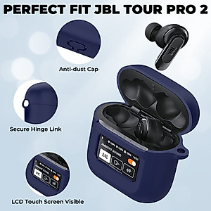 LDSXAY Case Cover for JBL Tour Pro 2, Dark Blue Silicone Protective Shockproof Earbuds Case with Keychain, 2023 Compatible, LCD Touch Screen Visible, Waterproof
