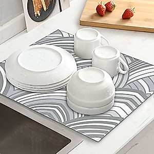 Grey pattern Printed Drying Mat For Kitchen Ultra Absorbent Microfiber Dishes Drainer Mats Non-Slip Silicone Quick Dry Pad - 18 X 16inch