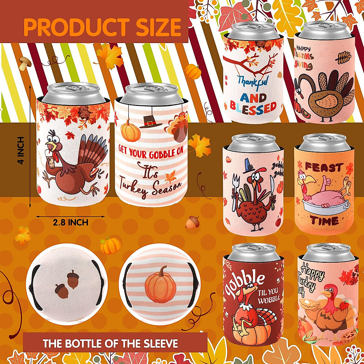 24 Pcs Thanksgiving Can Cooler Sleeves 12 oz Funny Can Sleeves Turkey Pumpkin Neoprene Insulated Beer Can Bottle Sleeves for Happy Thanksgiving Happy Turkey Day Party Favors Supplies