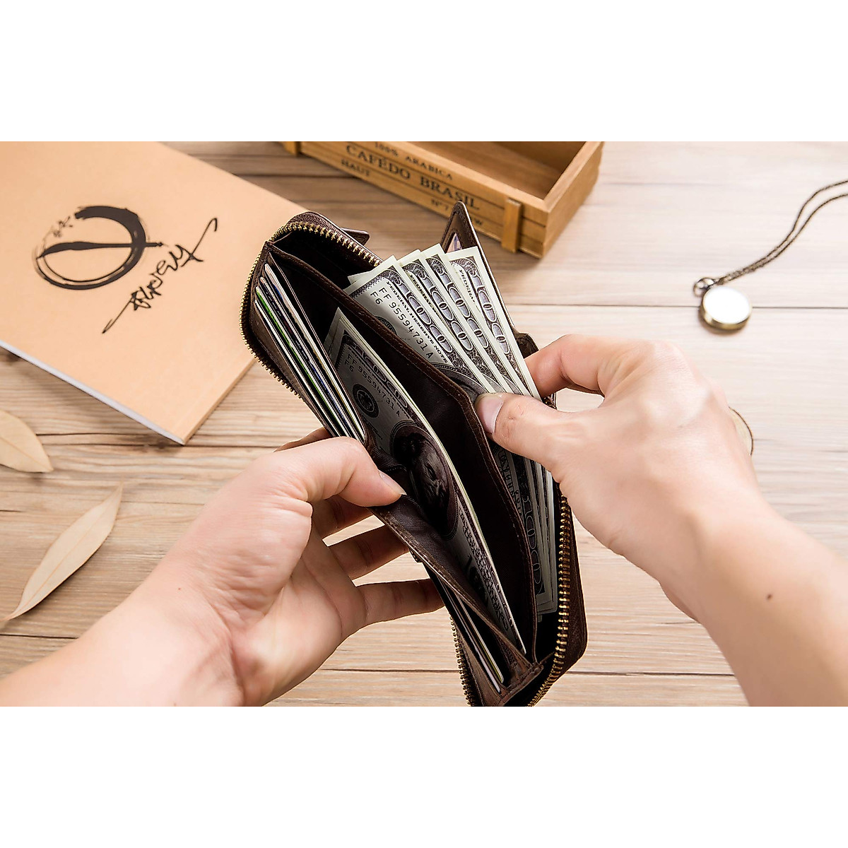 BULLCAPTAIN Men’s Genuine Leather Wallet,RFID Blocking Zip Around Bifold Multi Purse Cowhide Leather Vintage Secure Card Holder with ID Window (Brown)