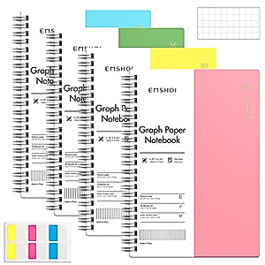 EMSHOI Graph Paper Spiral Notebook, 4 Pack 5.7" x 8.22" A5 Small Grid Notebook, 640 Pages 100gsm Thick Graph Journal with Sticky Notes, Plastic Hardcover, Yellow, Blue, Green, Pink