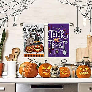 Hexagram Halloween Kitchen Towels, Happy Halloween Kitchen Decor, Purple Trick or Treat Hand Towels for Bathroom, Spooky October 31 Holiday Kitchen Towels and Dishcloth Set of 2