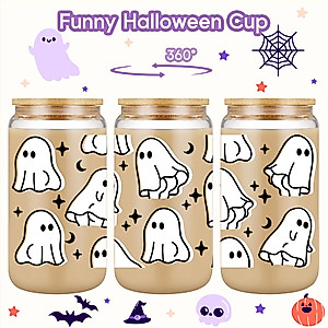 Coolife Funny Halloween Ghost Cup for Women, Cute Spooky Iced Coffee Cup, 16 oz Halloween Tumbler Glass Cups w/Lids Straws, Spooky Gifts for Her Teens, Boo Basket Stuffers, Halloween Gifts for Women