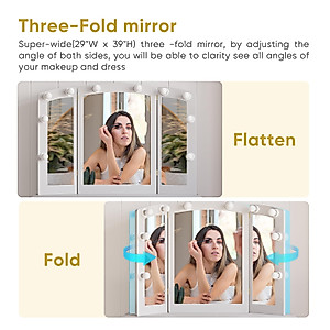 Semiocthome Vanity Desk with Mirror and Lights, Tri-Fold Large Mirror Makeup Vanity Desk with Lights, 60" Tall White Vanity Table with Mirror with Lights and Chairs, Vanities for Women/Girls Bedroom