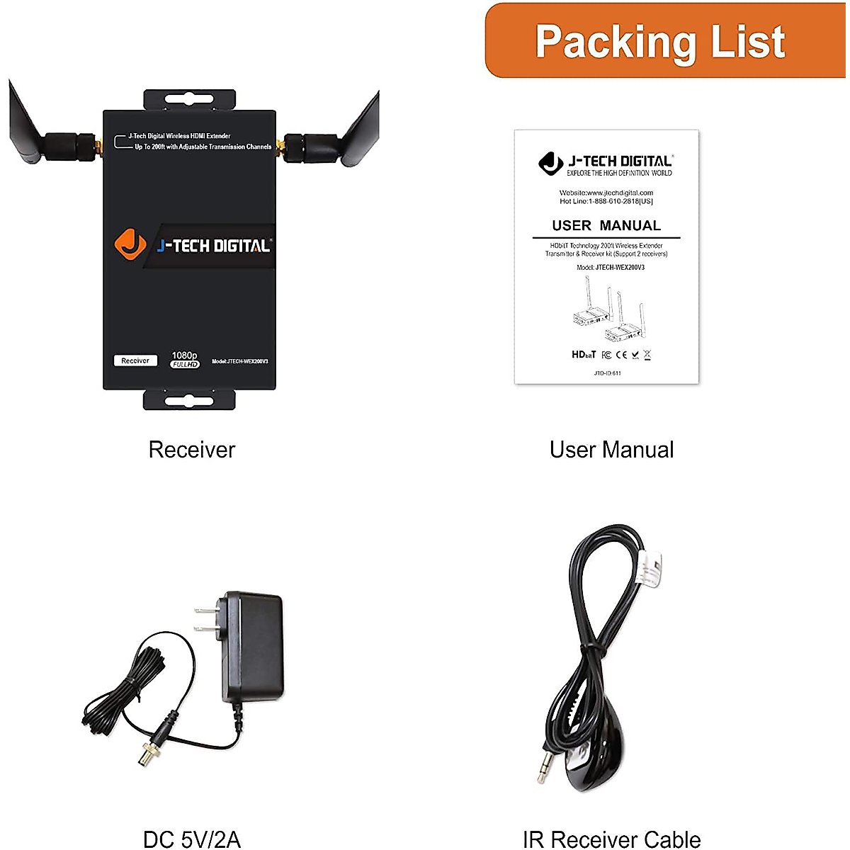 J-Tech Digital 1X2 Wireless HDMI Extender 200' Dual Antenna Supporting Full HD 1080p with HDMI Loop Output IR Passthrough (Receiver Only 1080P 200ft)